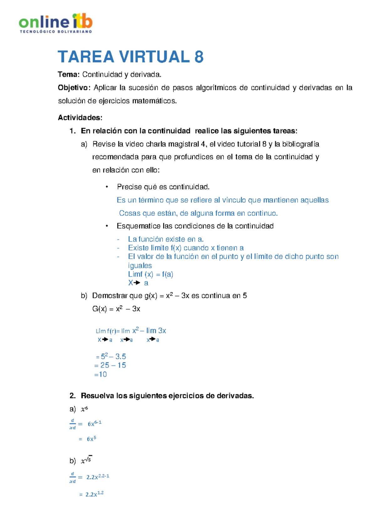 Tarea Virtual 8 Continuidad y derivada pdf - TAREA VIRTUAL 8 Tema: Continuidad y derivada ...