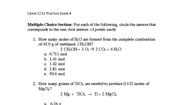 Chem 1211 Practice Exam 4: Multiple Choice Questions - Studocu