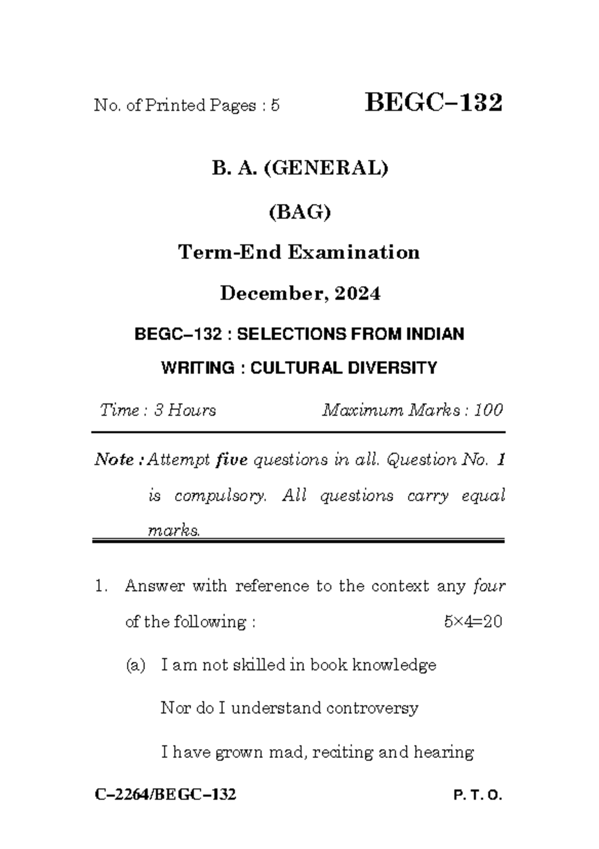 BEGC-132 - Selections from Indian Writing: Cultural Diversity Exam ...