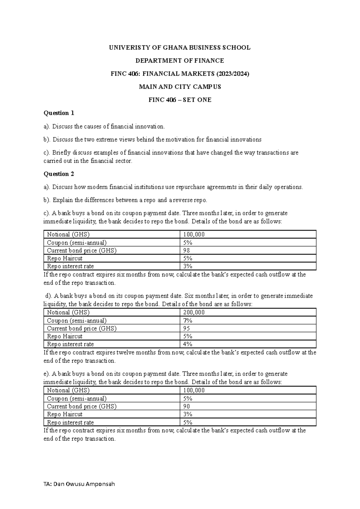 FINC 406 - Financial Markets SET 1 Questions and Answers (2023/2024 ...