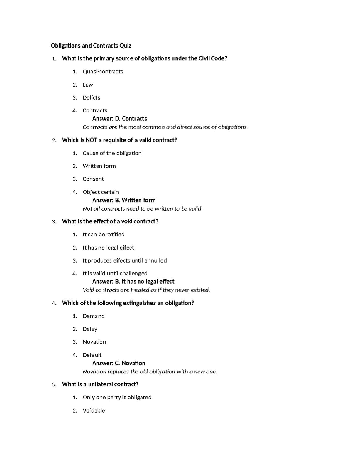Obligations and Contracts Quiz 1: Key Concepts and Answers - Studocu