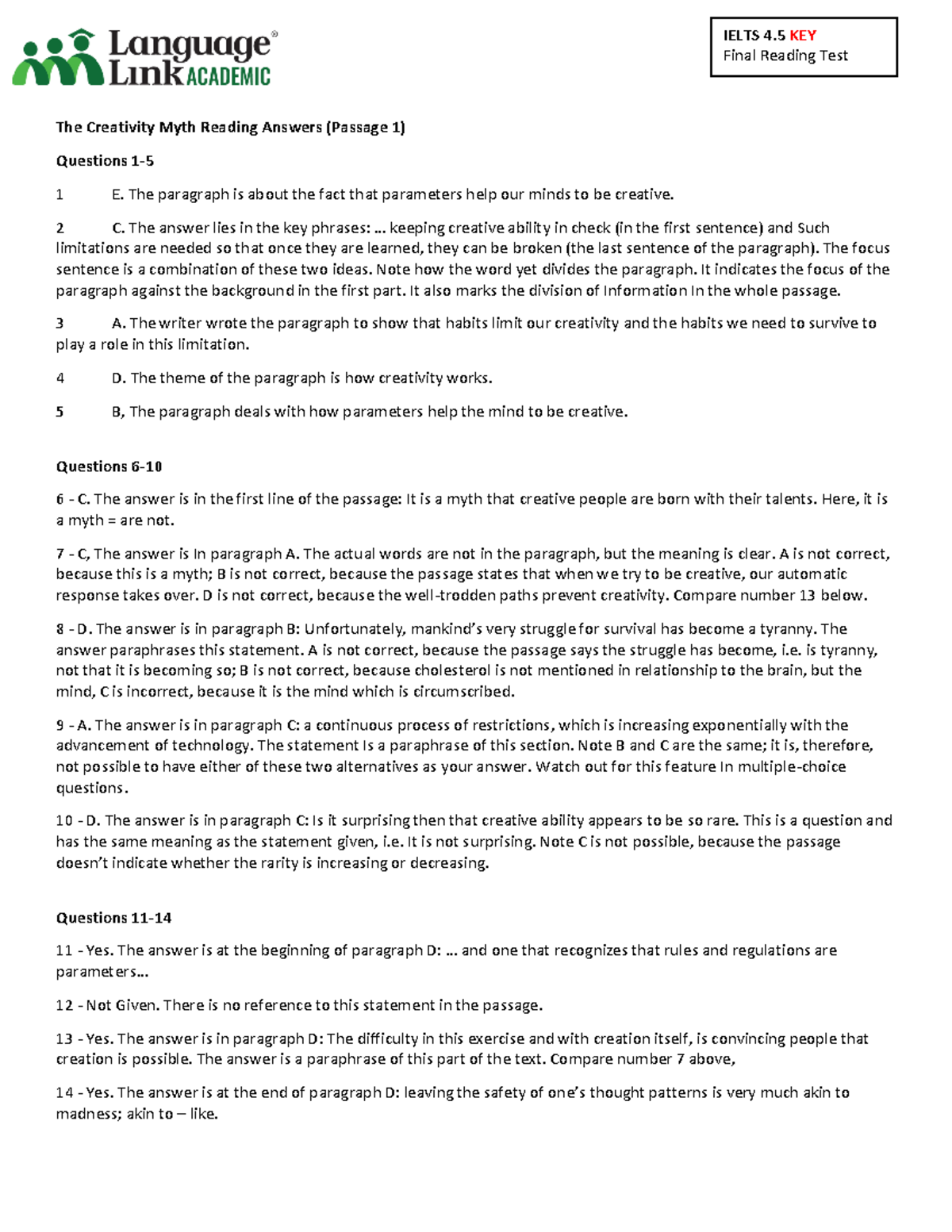 IELTS 4.5 KEY Final Reading Test Practice Answers and Explanations ...