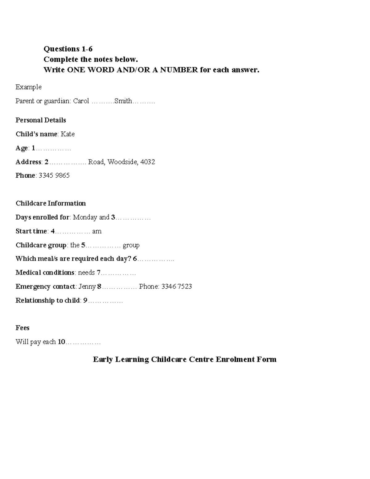Early Learning Childcare Centre Enrolment Form Notes - Studocu