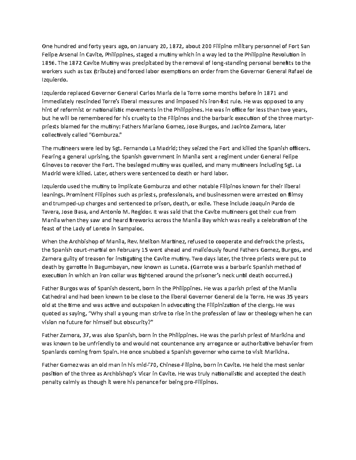 Cavite mutiny reviewer - One hundred and forty years ago, on January 20 ...