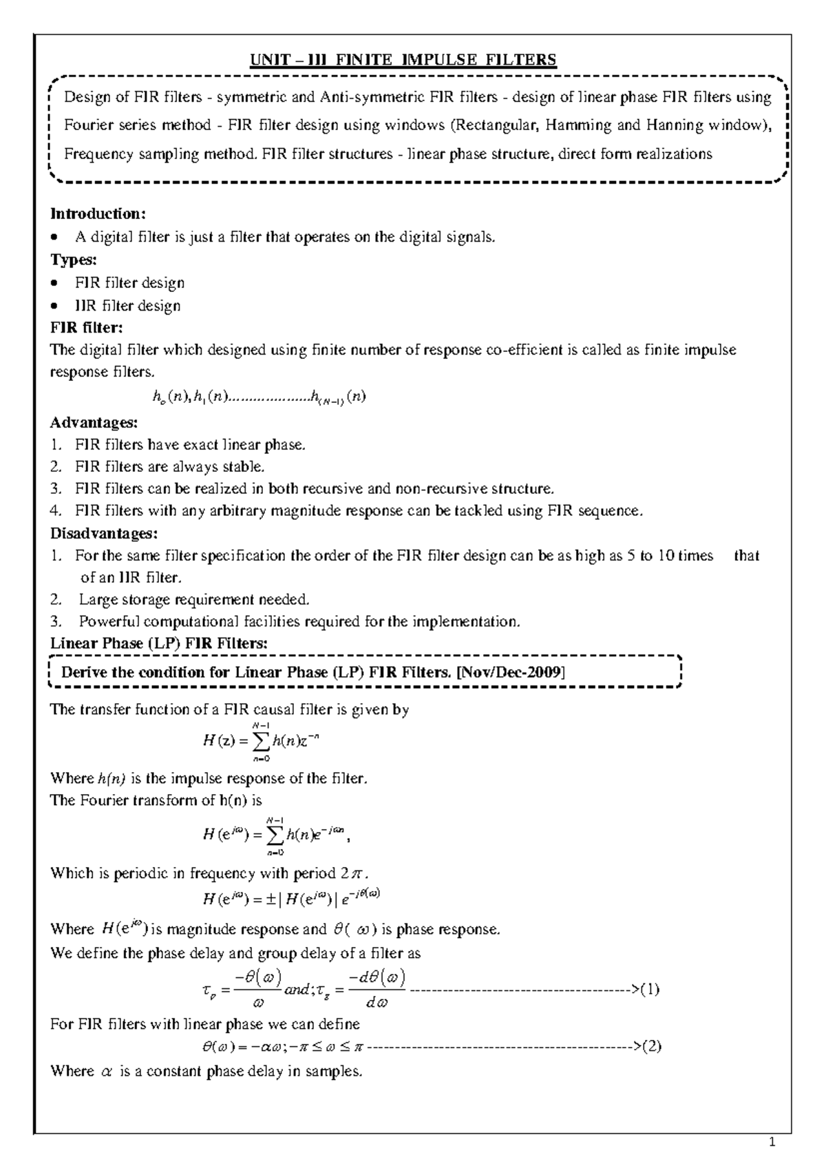Unit 2 DSP Notes: FIR Filter Design Techniques and Analysis - Studocu