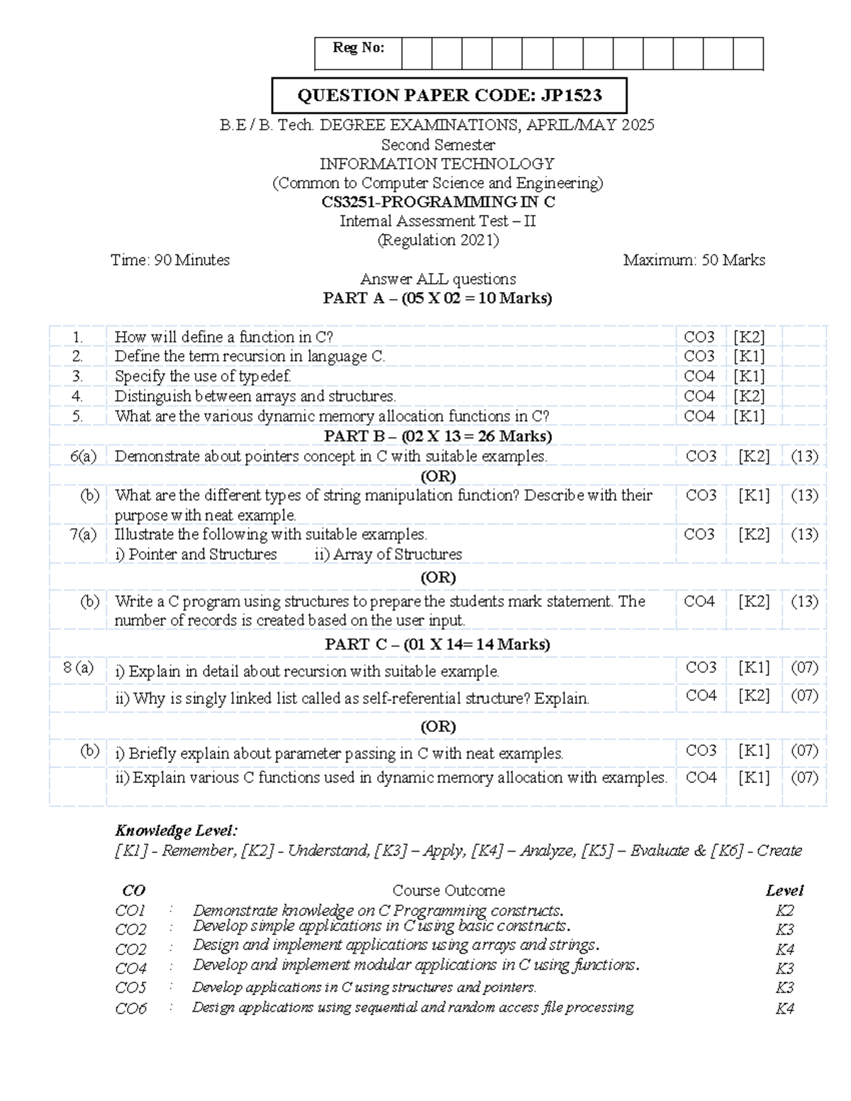 Cs3251 - IAT II Question Paper: C Programming Concepts & Applications ...