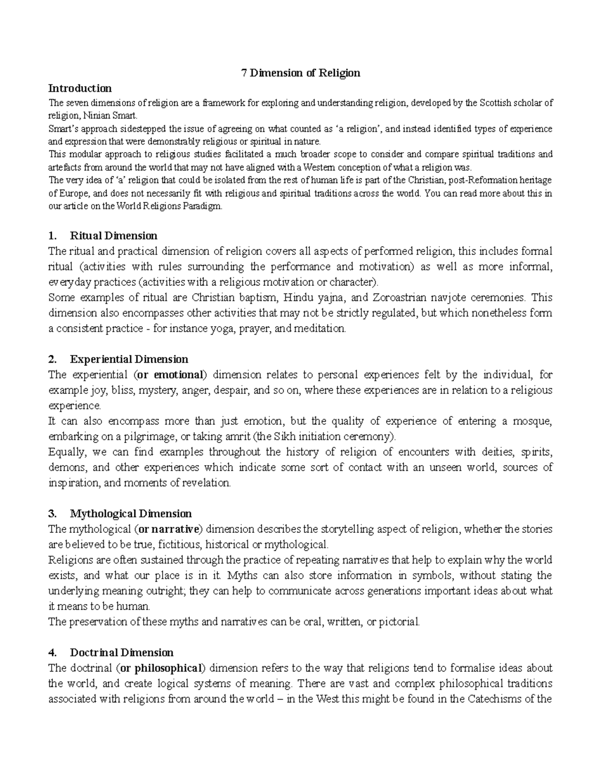 7 Dimensions of Religion: An Introductory Overview - Studocu