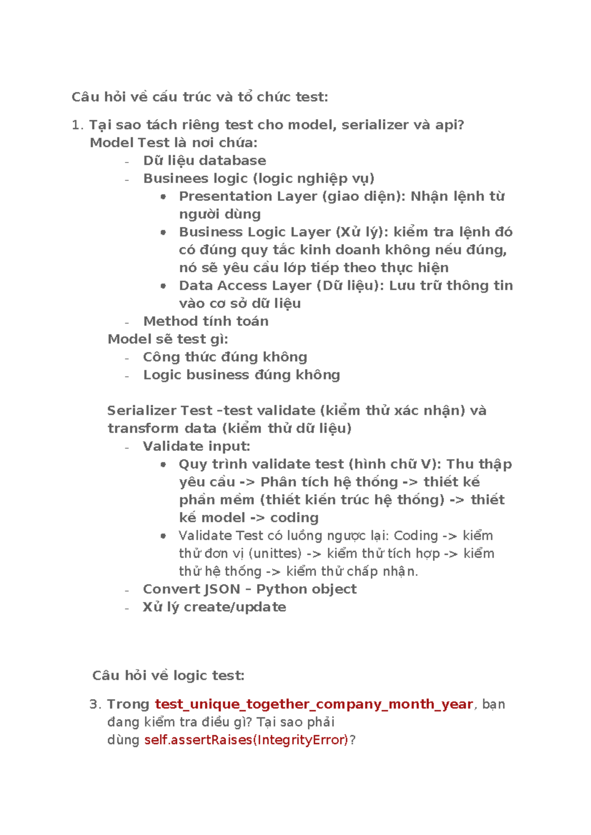 Câu hỏi về Cấu trúc và Tổ chức Test trong Python - Studocu