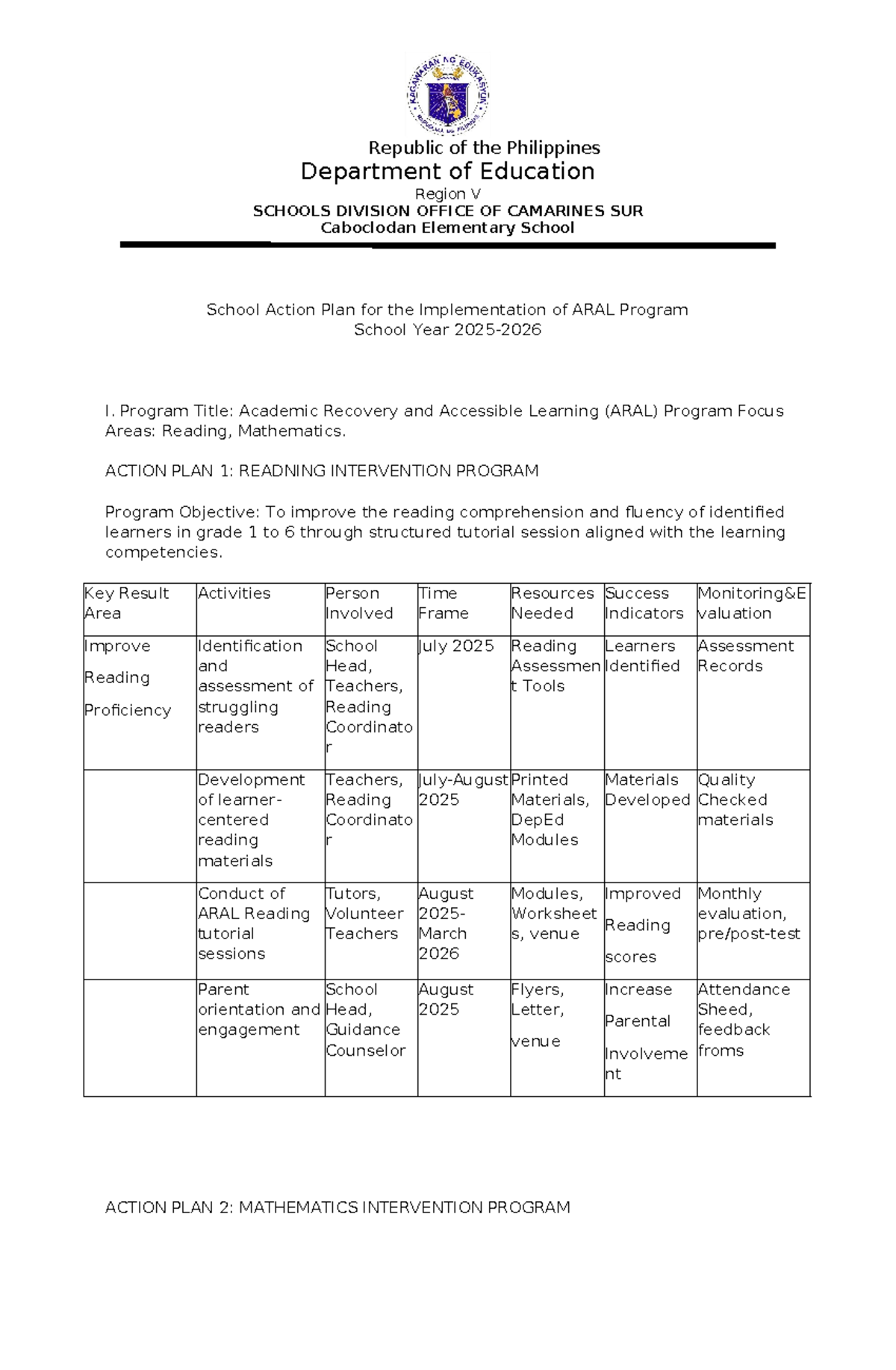 ARAL Program Action Plan: Reading & Math Interventions 2025 - Studocu