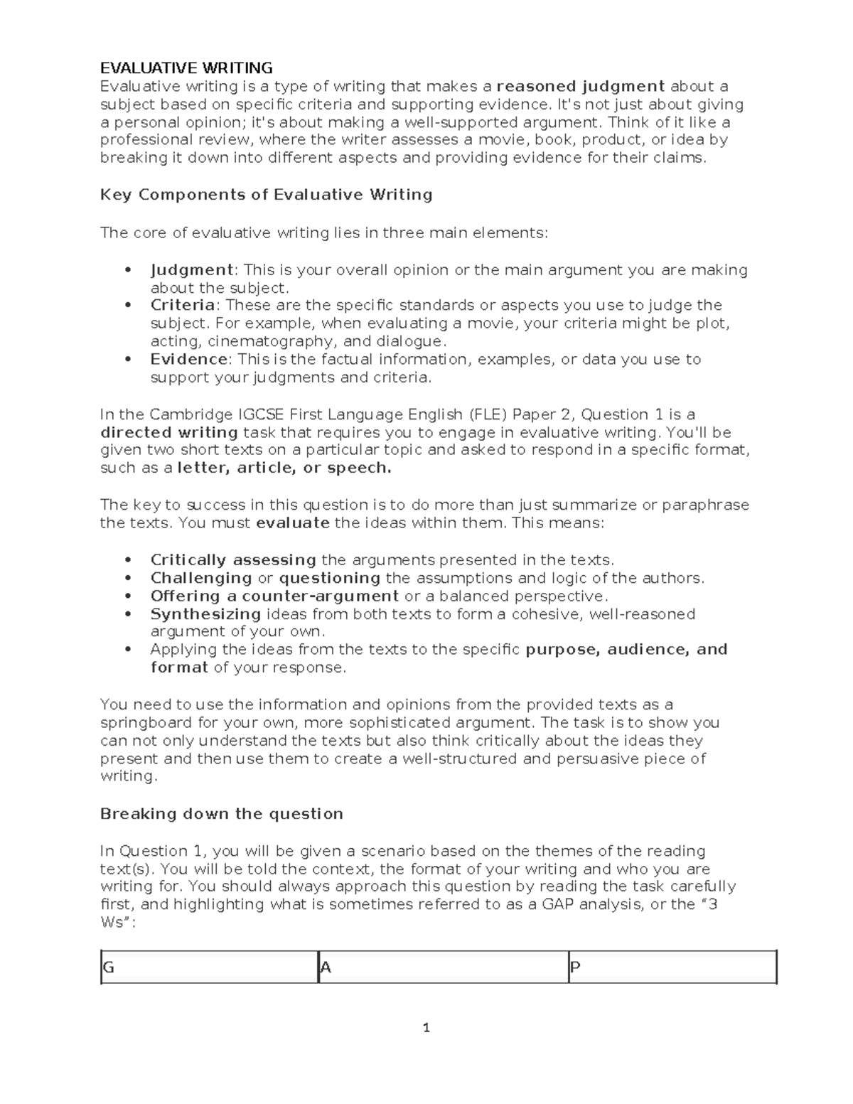 Evaluative Writing Guide for Cambridge IGCSE FLE Paper 2 - Studocu