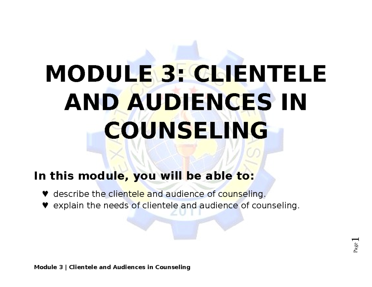 M3: Understanding Clientele and Audiences in Counseling - Studocu