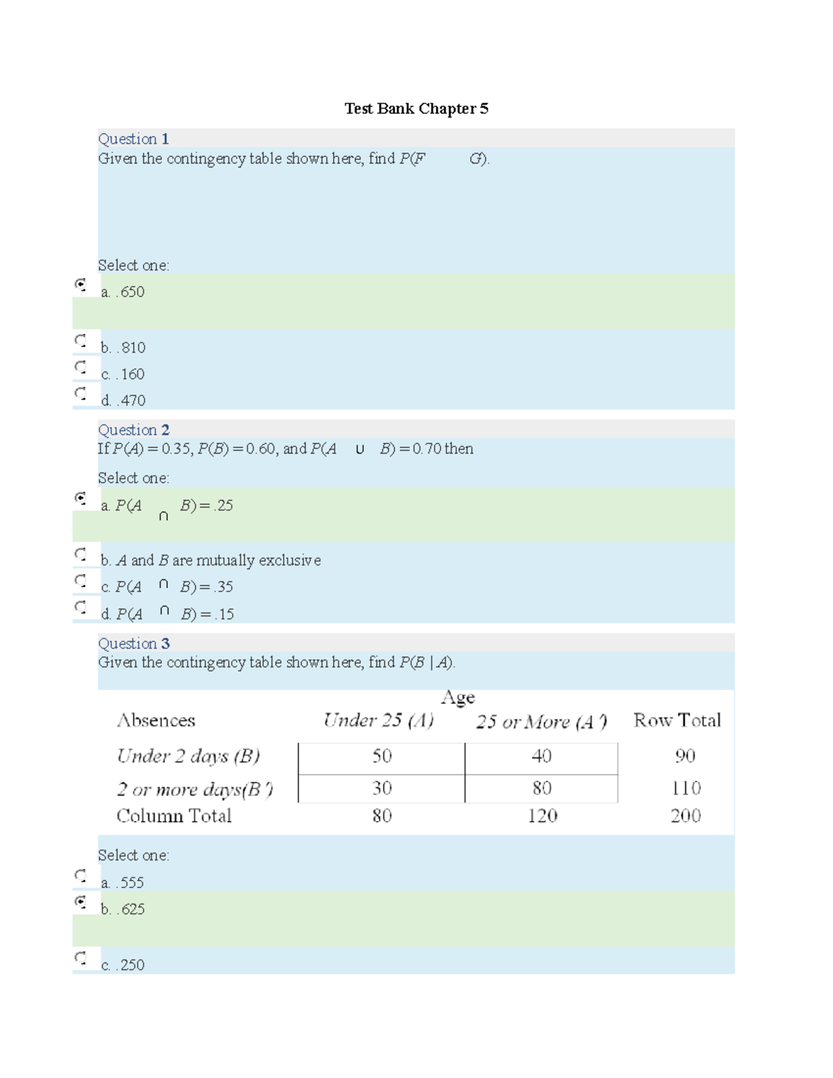 SB Test Bank Chapter 5 - Test Bank Chapter 5 Question 1 Given the ...