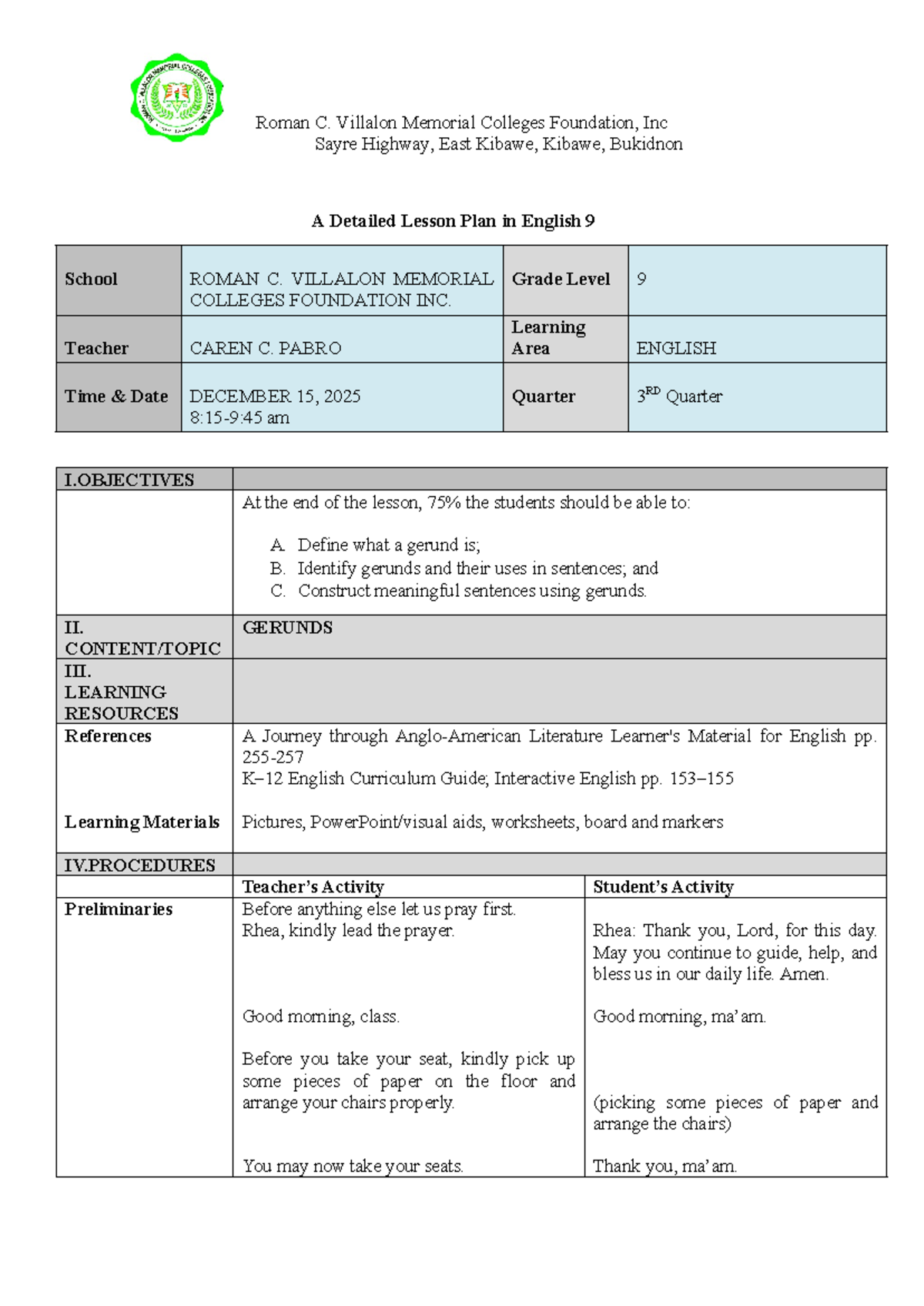 DLP G9 English: Understanding Gerunds in Lesson Plan - Studocu
