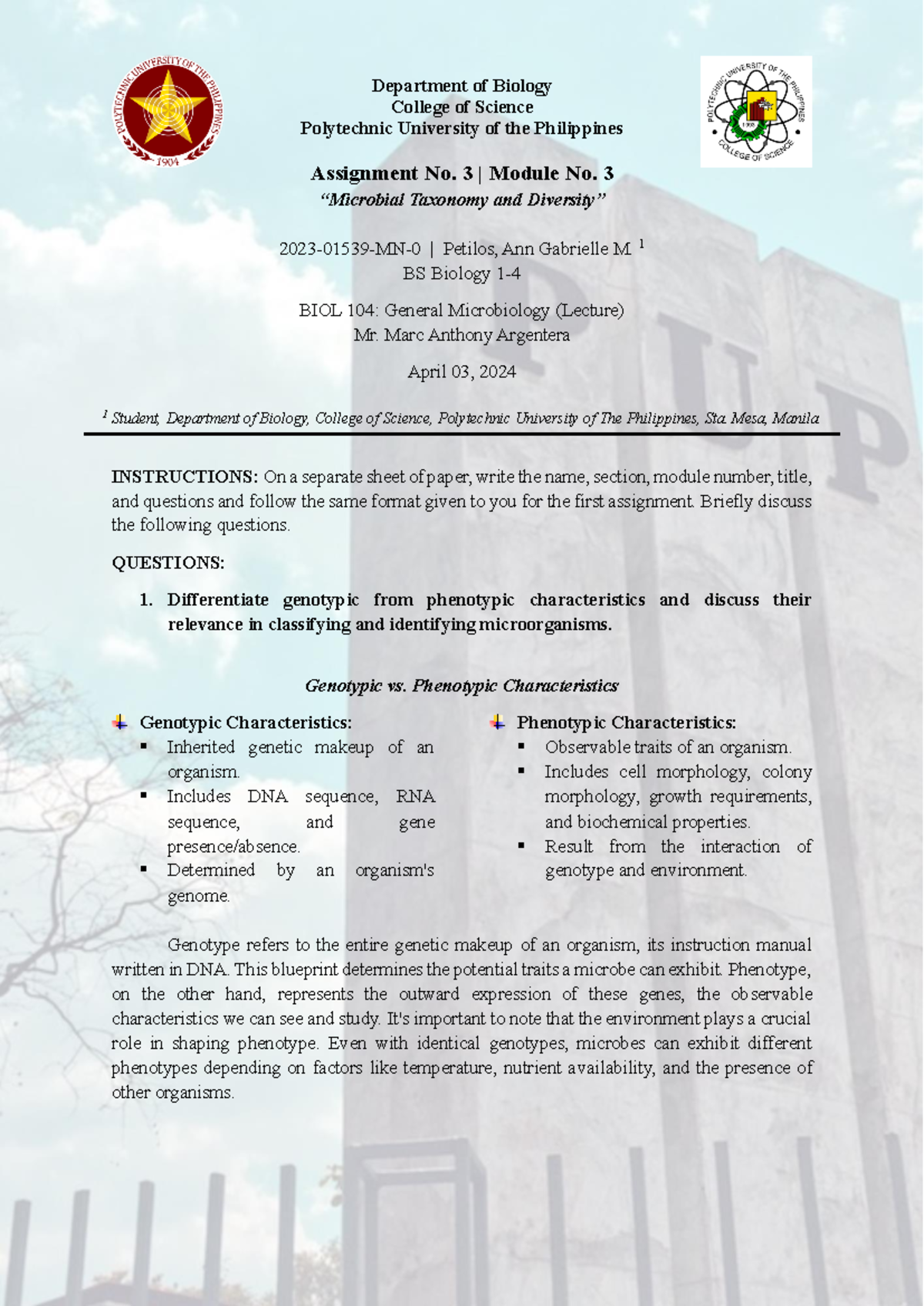 Microbial Taxonomy and Diversity - Department of Biology College of ...
