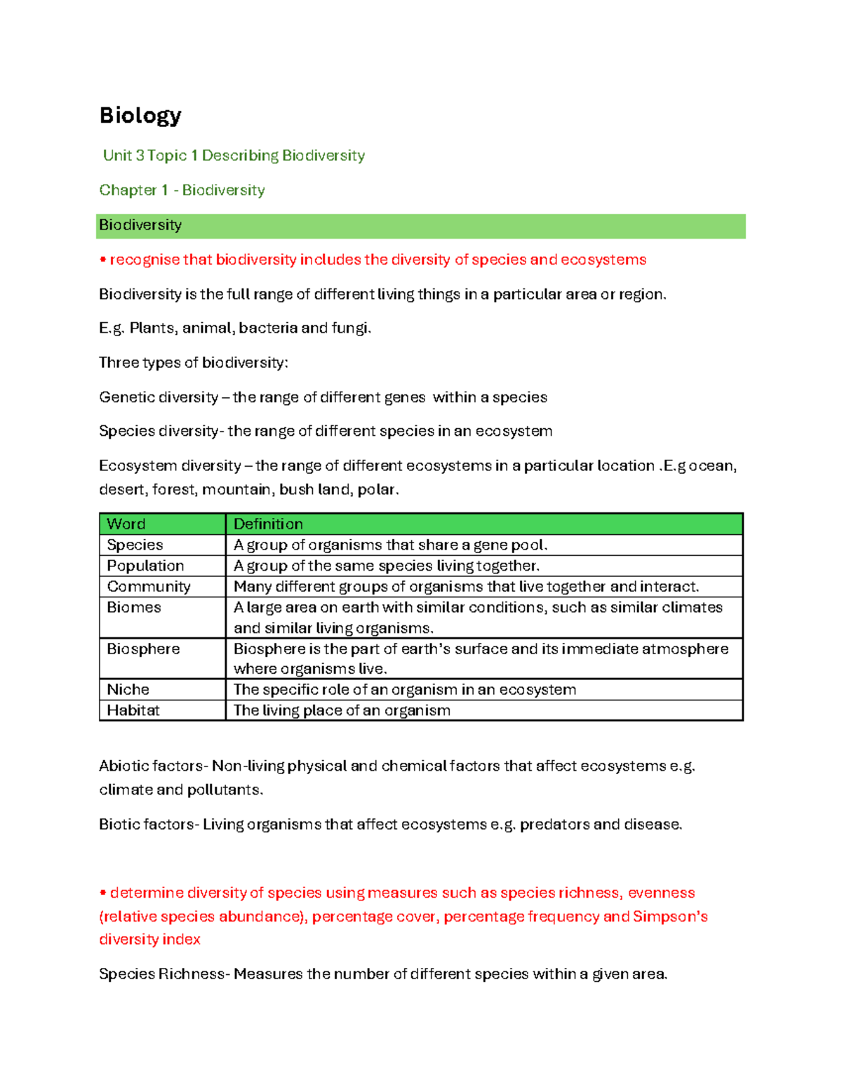 Unit 3 Topic 1 Describing Biodiversity - Chapter 1 Biodiversity ...