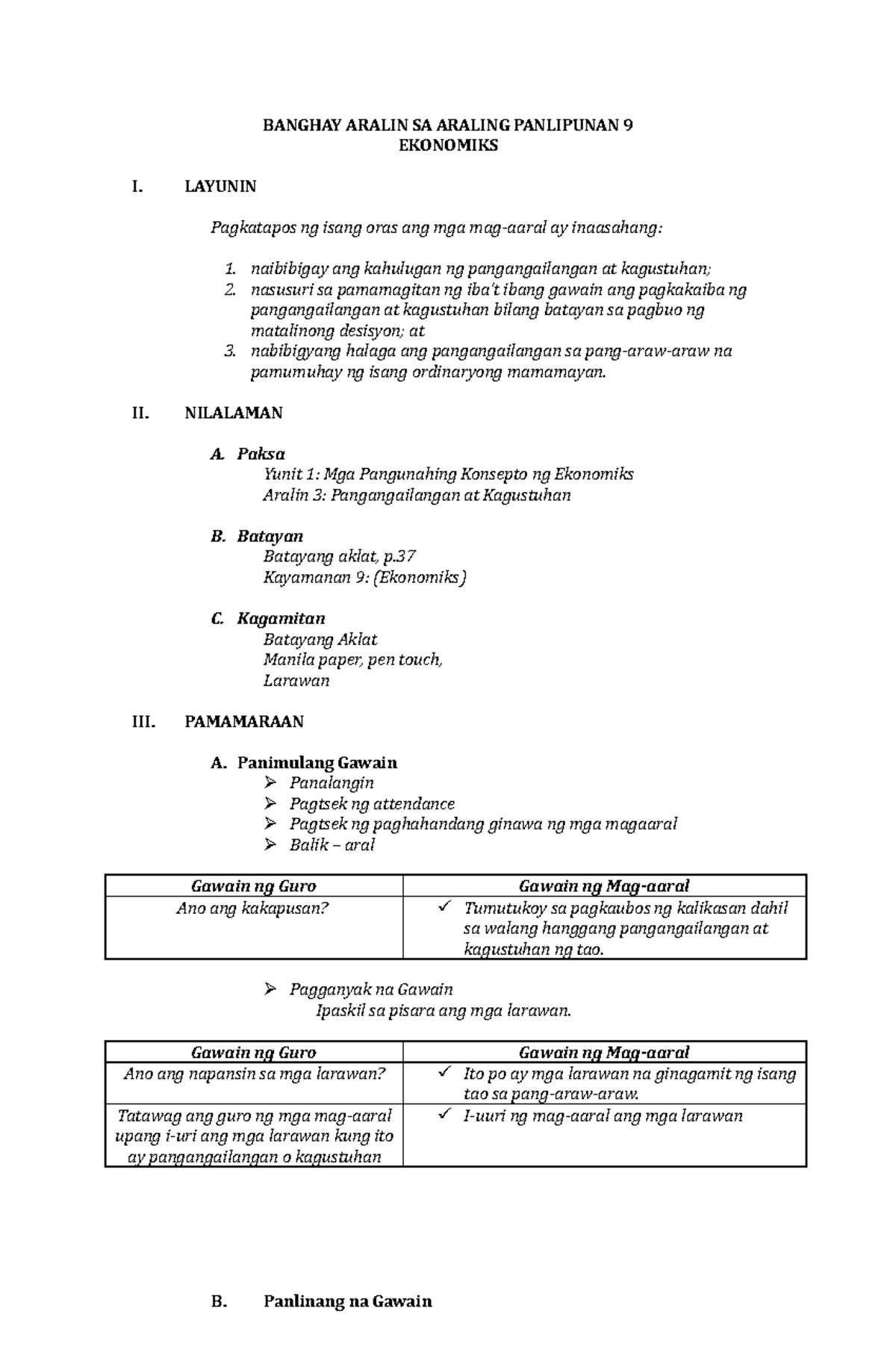 Lesson Plan: Ekonomiks (Pangangailangan at Kagustuhan) for Grade 9 ...