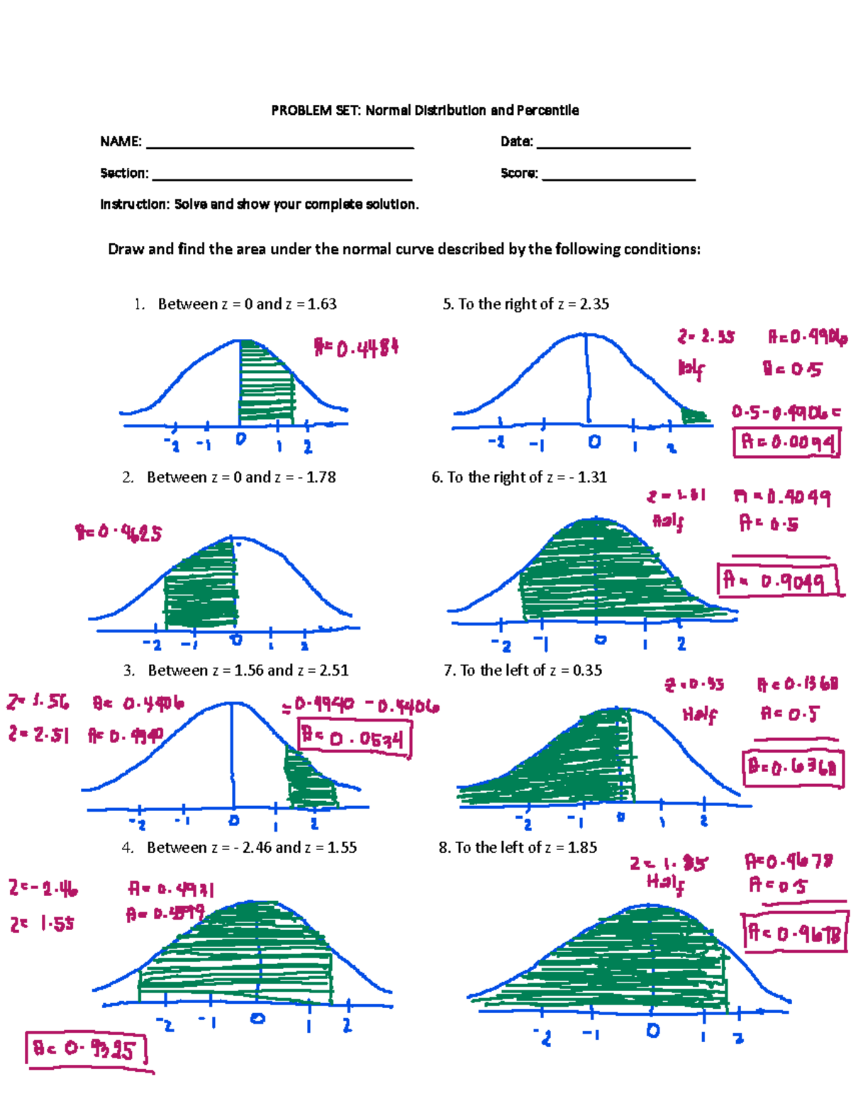Normal Distribution Problems & Answer Key 2: Solve & Show Work - Studocu