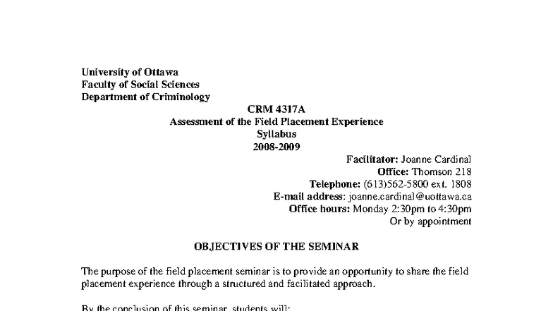 CRM 4317A Field Placement Experience Assessment Syllabus - Studocu