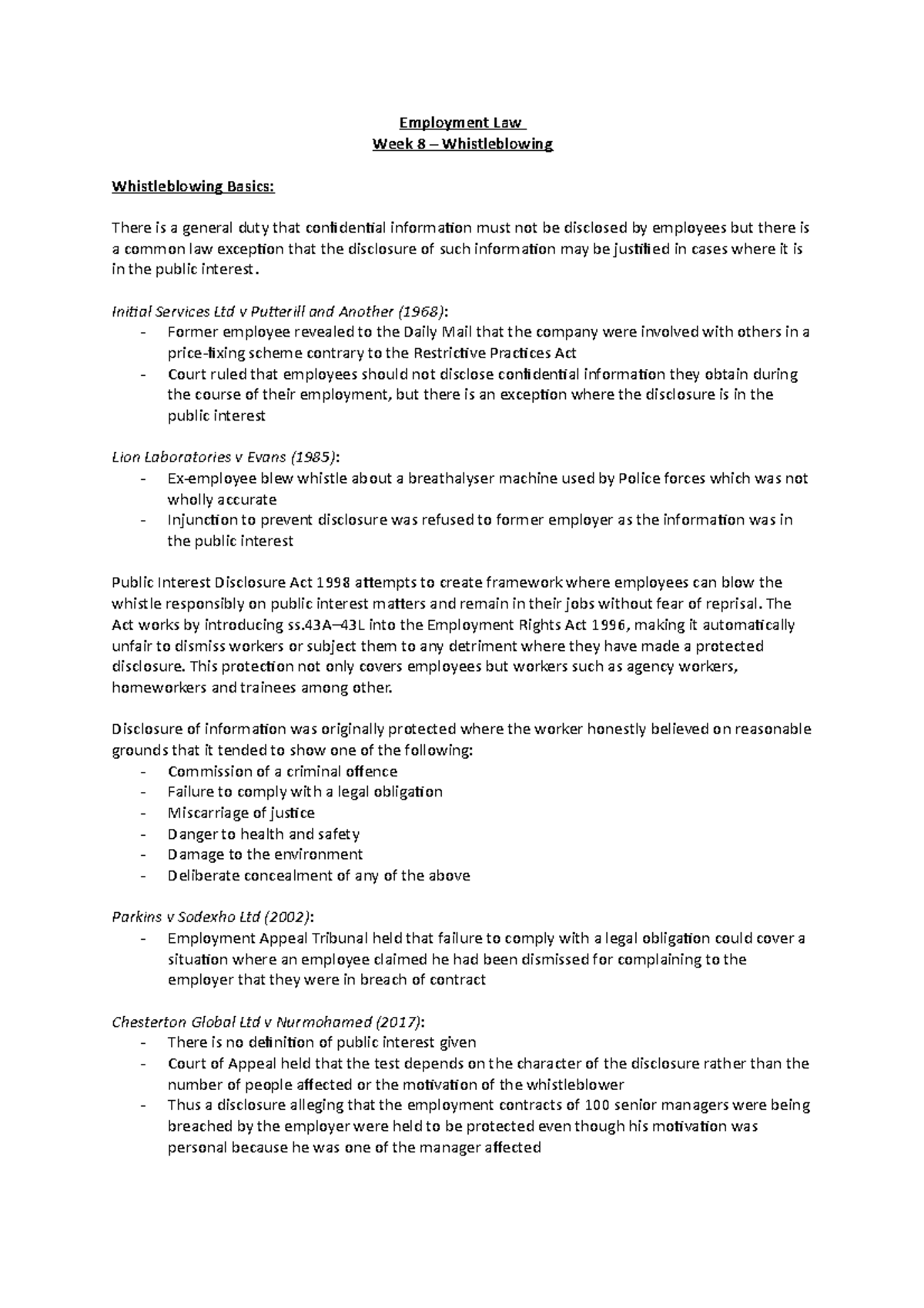Employment Law Week 8 - Whistleblowing - Employment Law Week 8 ...
