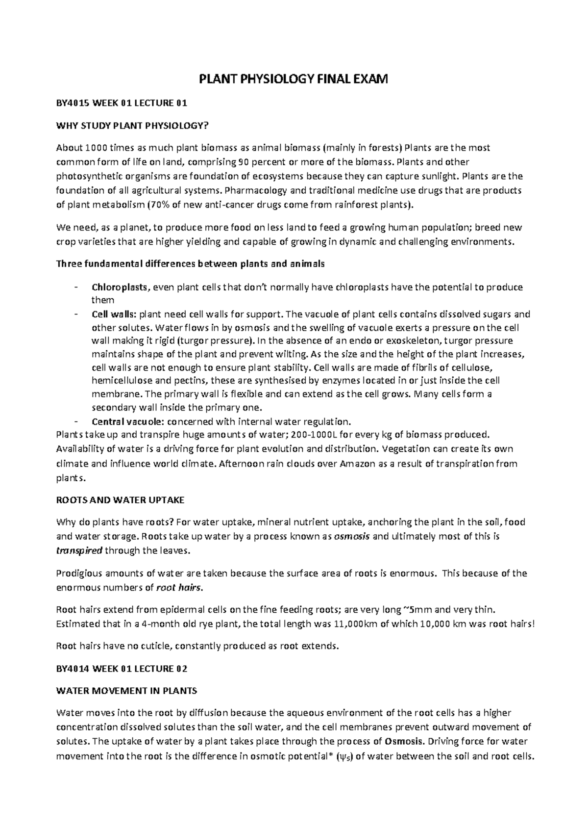 BY4015 Final Exam Study Notes on Plant Physiology Concepts - Studocu