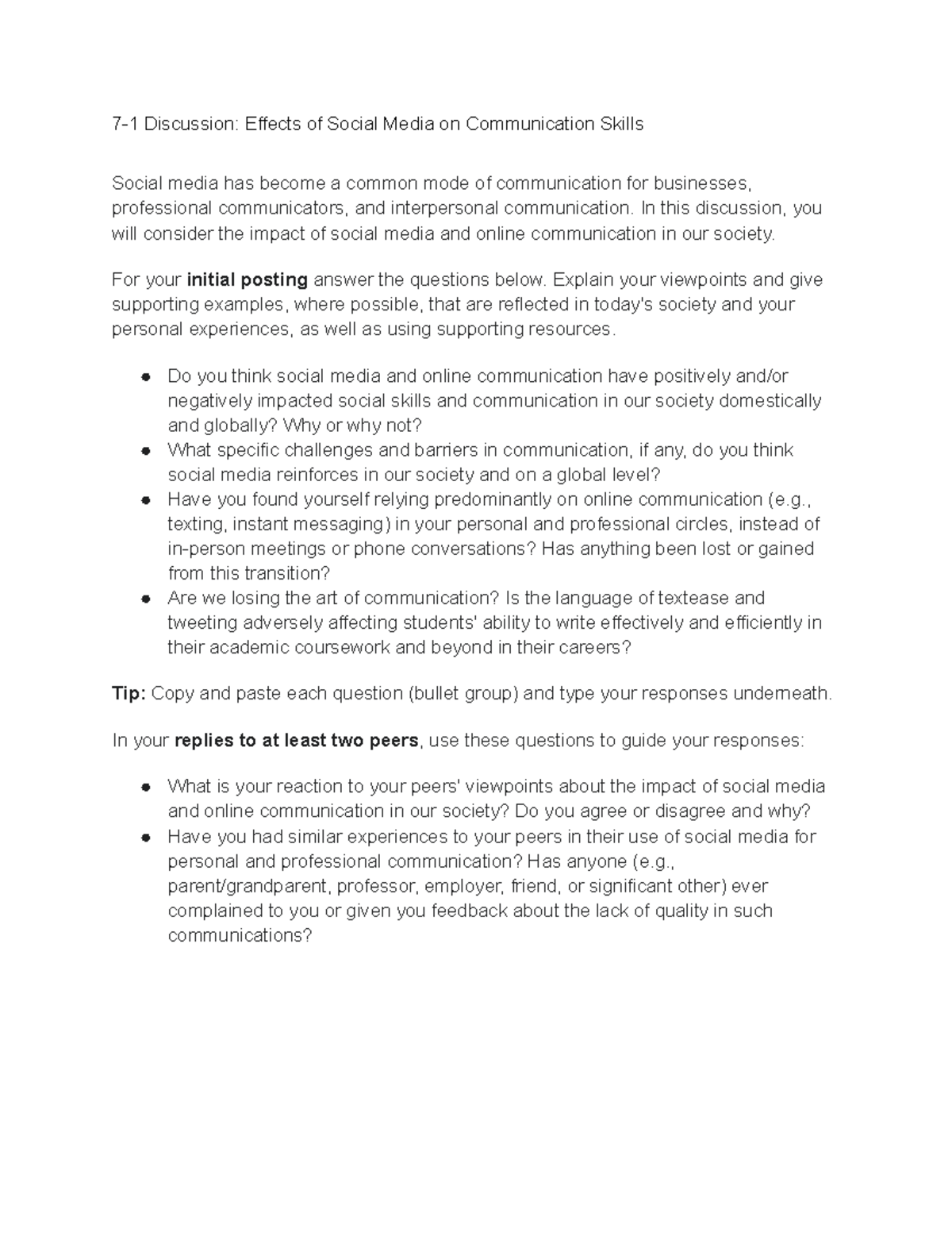 7-1 Discussion: Social Media's Impact on Communication Skills - Studocu