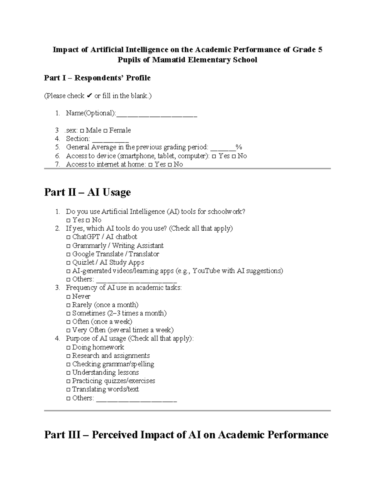 Impact of AI on Grade 5 Academic Performance: Questionnaire Part I ...