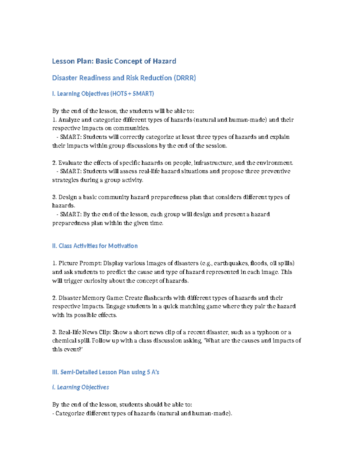 DRRR Lesson Plan: Understanding Hazards Through Engaging Activities ...