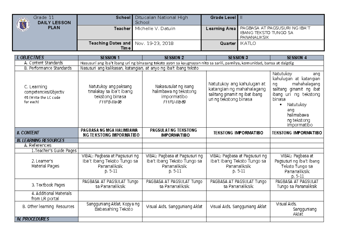 Pdfcoffee - N/A - Grade 11 DAILY LESSON PLAN School Ditucalan National High School Grade Level ...
