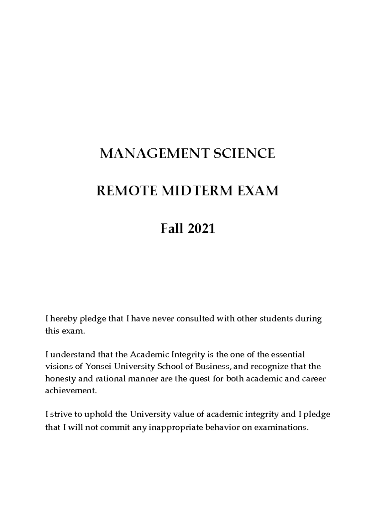 MANAGEMENT SCIENCE REMOTE MIDTERM EXAM (Fall 2021) - Study Guide - Studocu