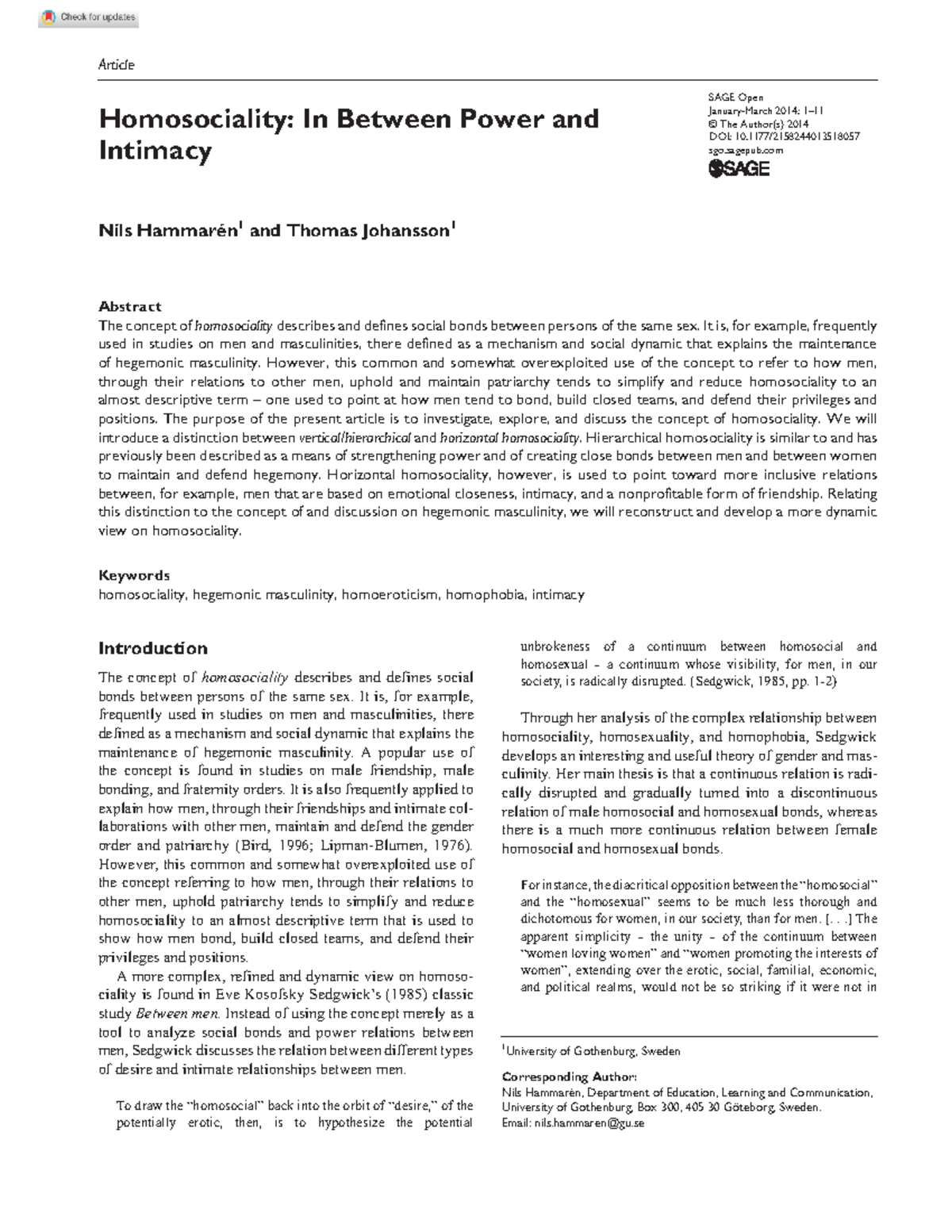 Final Exam: Homosociality in Between Power and Intimacy - Studocu