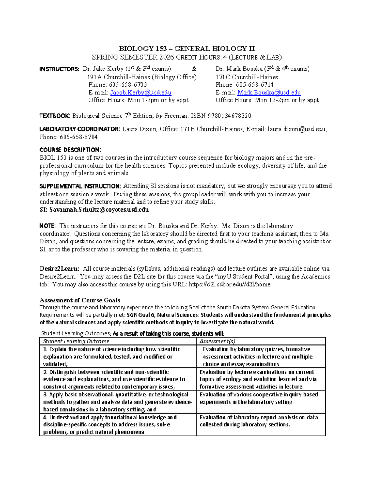 BIOLOGY 153 GENERAL BIOLOGY II SYLLABUS - SPRING 2026 - Studocu