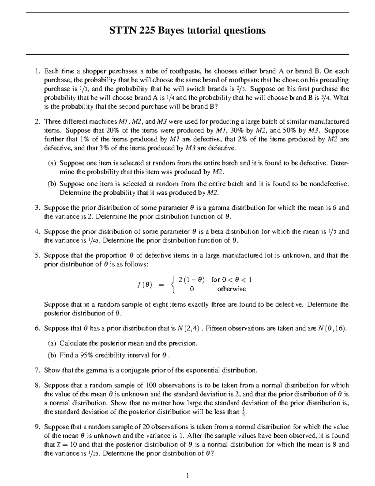 STTN 225 Bayes Tutorial Questions and Solutions - Studocu