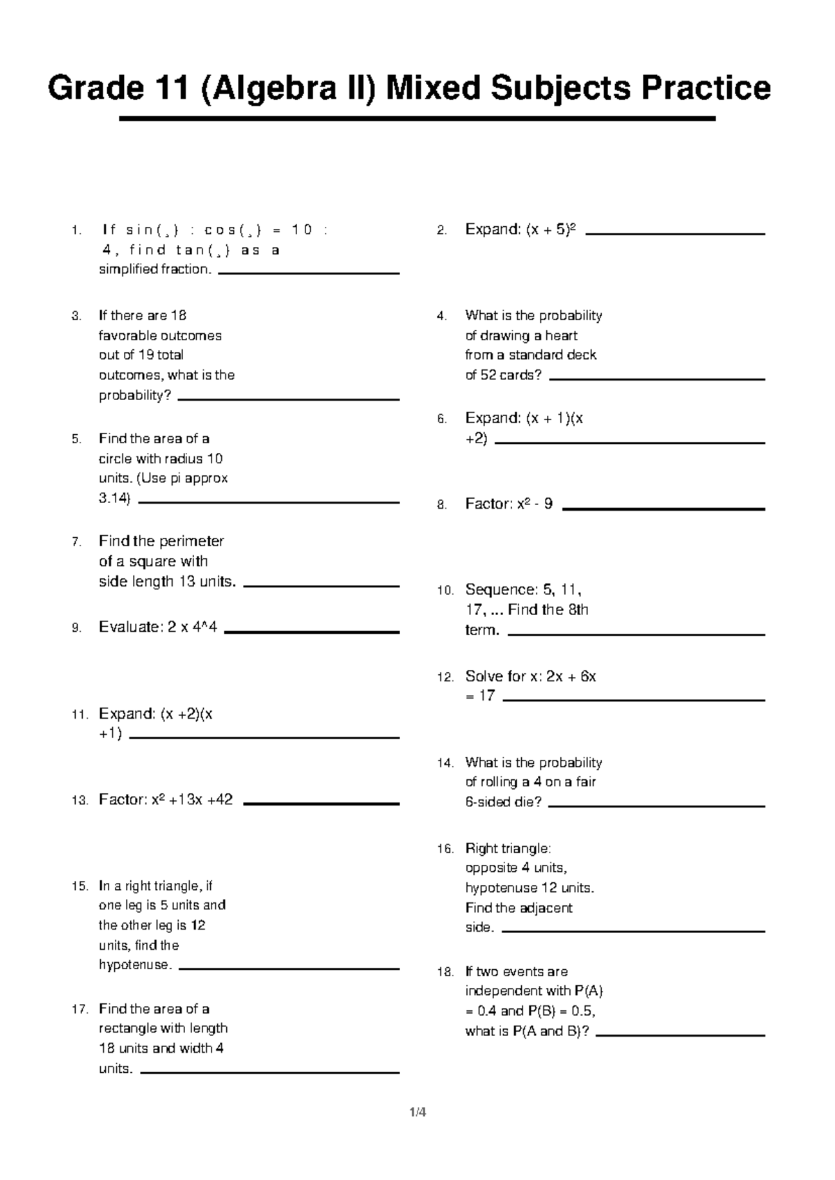 Grade 11 (Algebra II) Mixed Subjects Practice 5: Problem Set ...