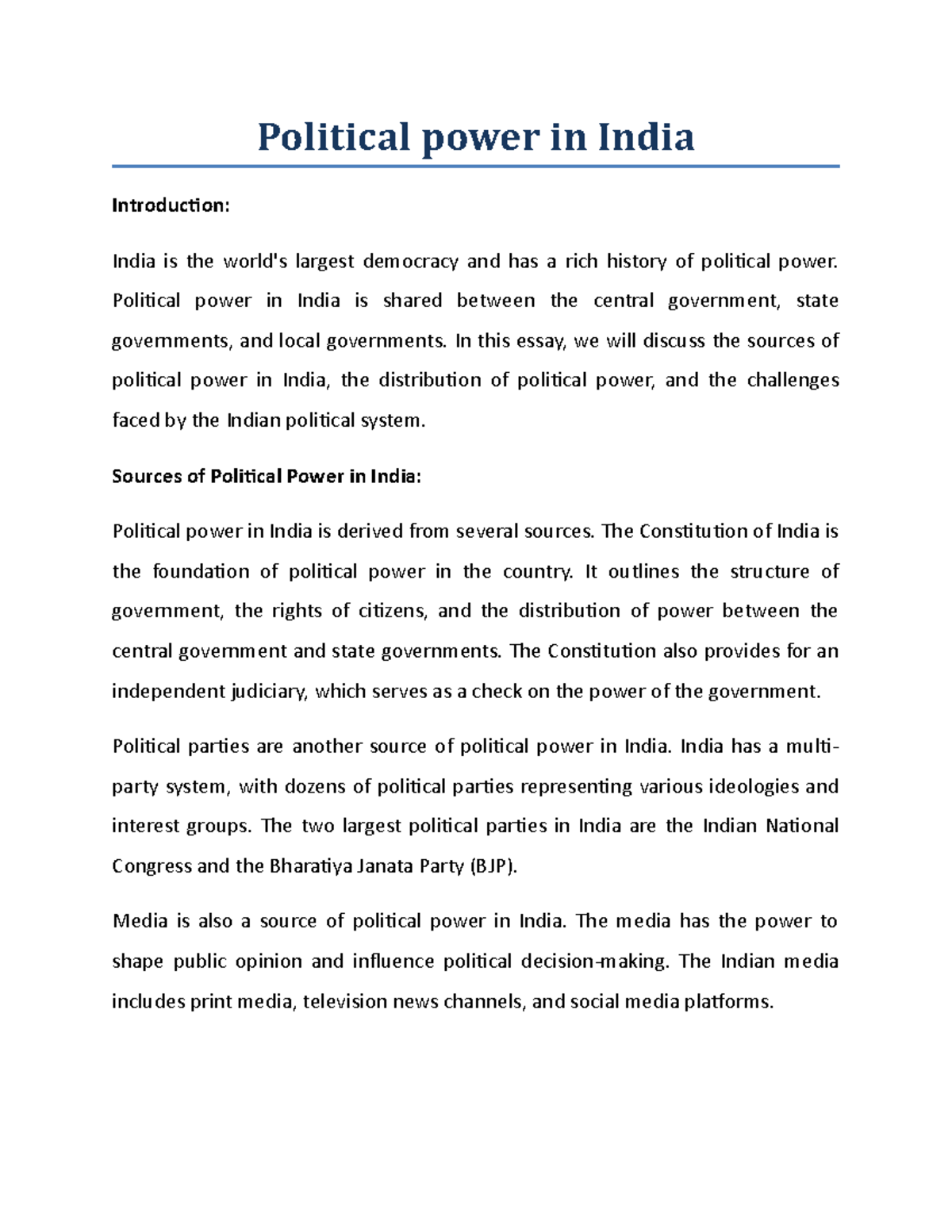 Political Power Dynamics in India: Sources, Distribution, and ...