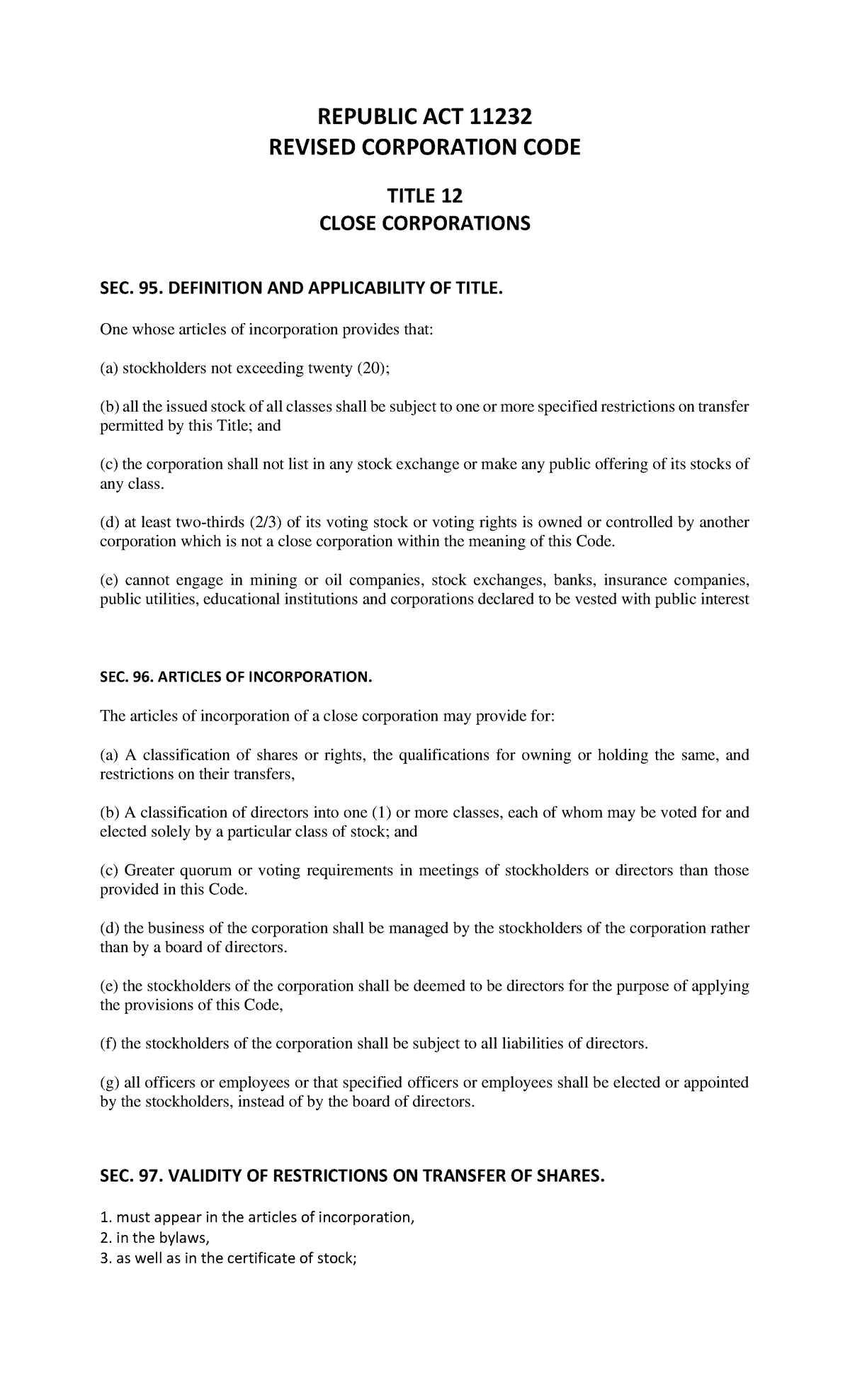 Discussions on Title 12: Close Corporations (Republic Act 11232) - Studocu