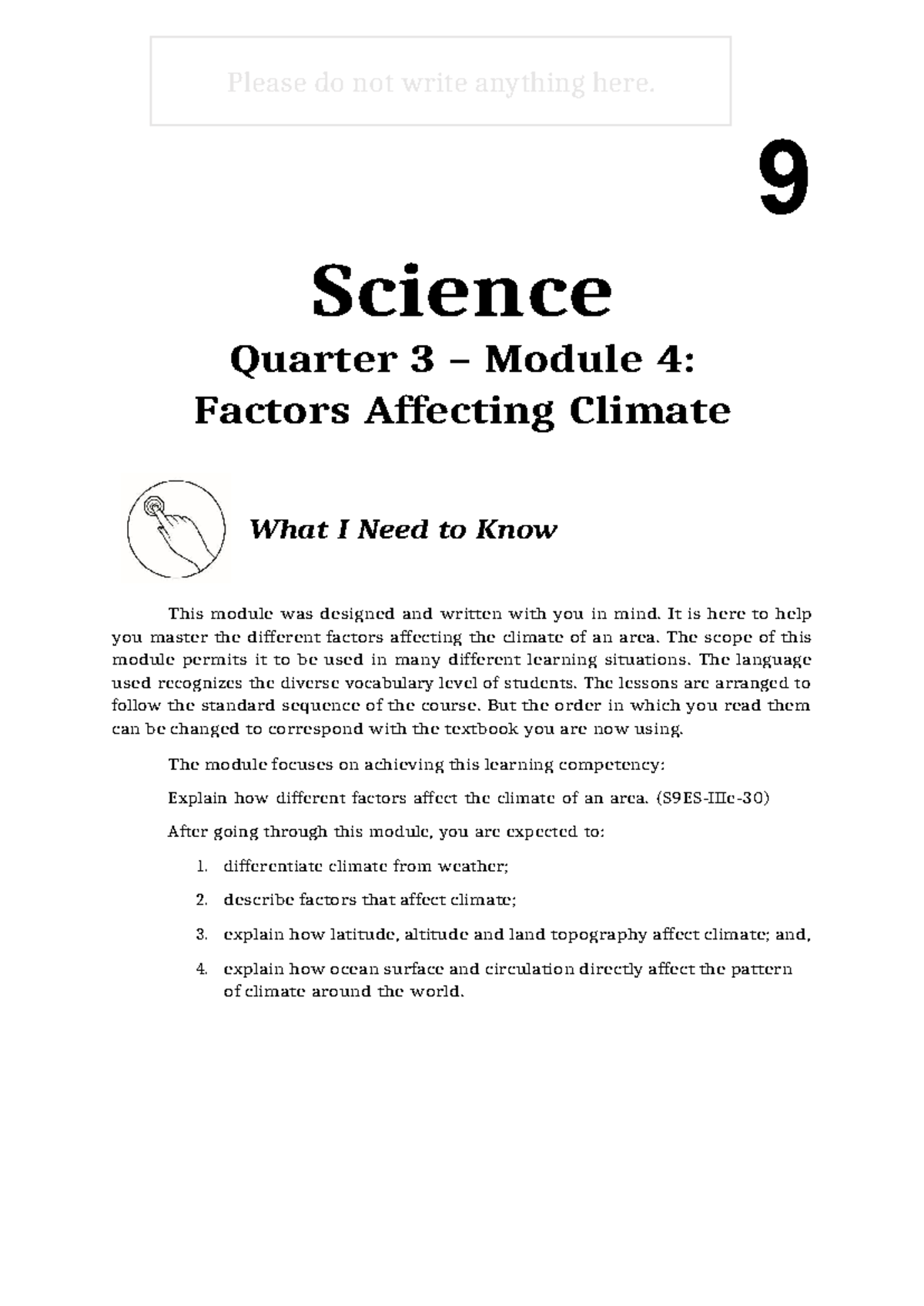 Science 9 Q3 Module 4: Understanding Factors Affecting Climate - Studocu