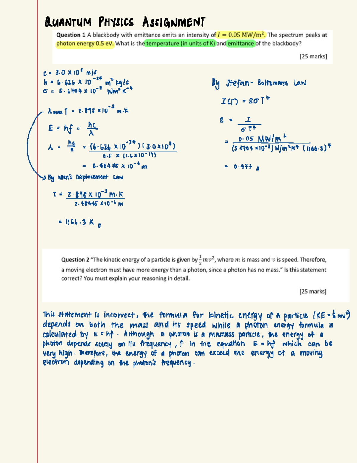 Assignment on Quantum Physics: Kinetic Energy & Photon Energy - Studocu