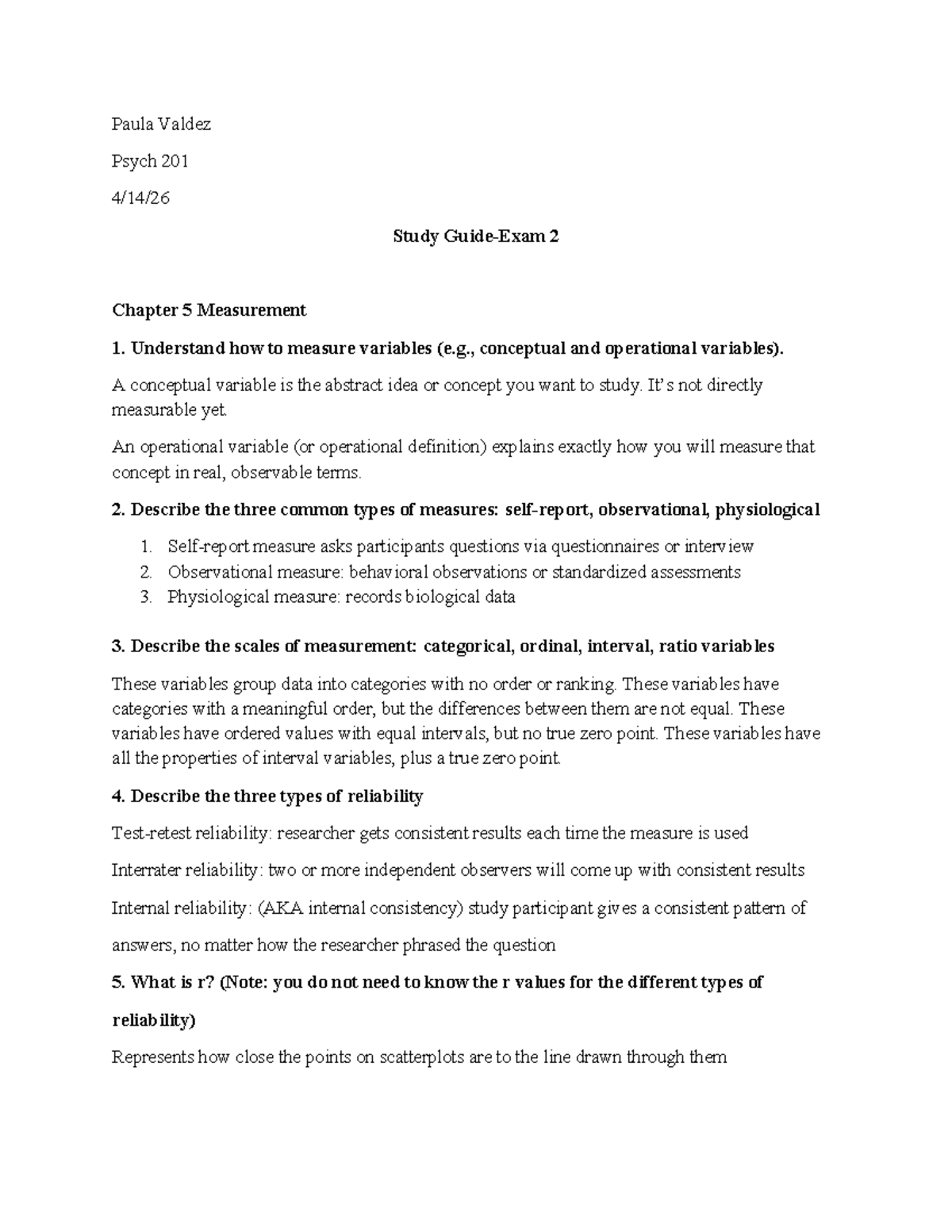 Psych 201 Study Guide 2: Measurement, Surveys, and Correlations - Studocu
