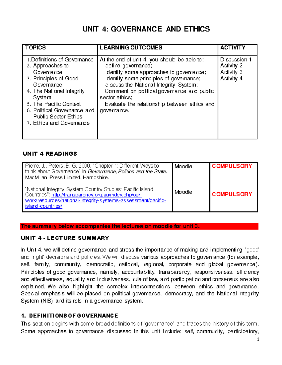 UU200 Unit 4 - 2020 - Governance Notes - UNIT 4: GOVERNANCE AND ETHICS ...