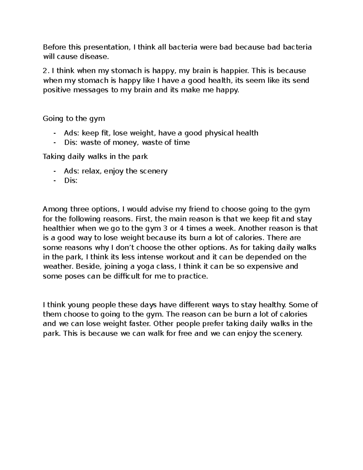 Health Choices: Gym vs. Walking - A Personal Perspective - Studocu