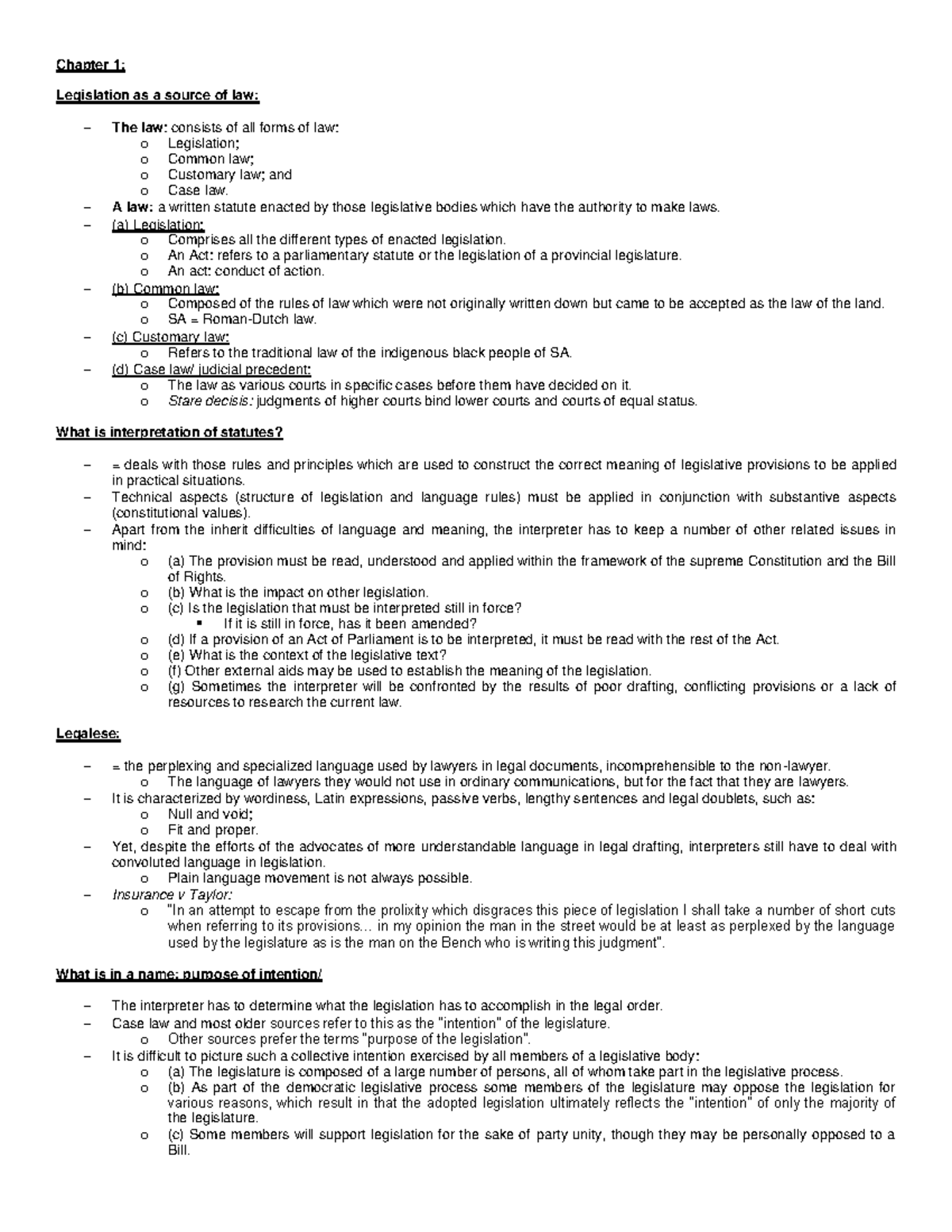 Chapter 1: Understanding Legislation and its Sources in SA Law - Studocu