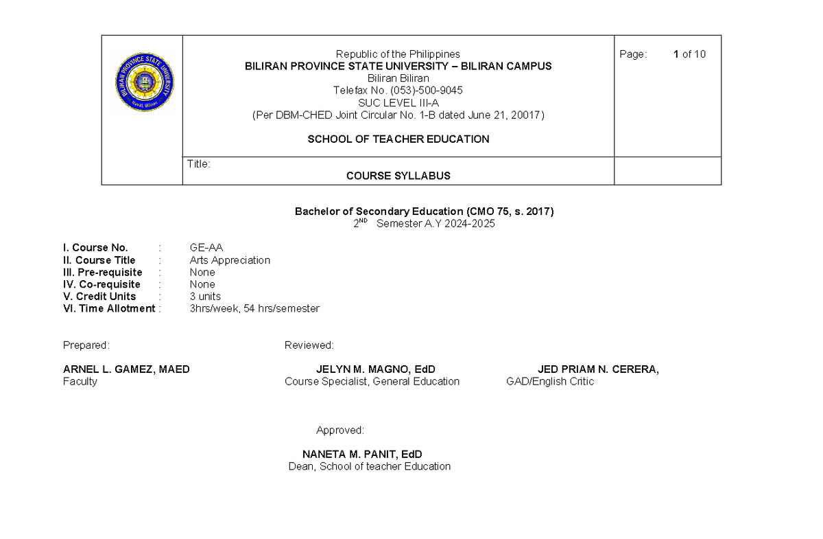 ART- Appreciation Course Syllabus - BSED 2nd Semester 2024 - Studocu