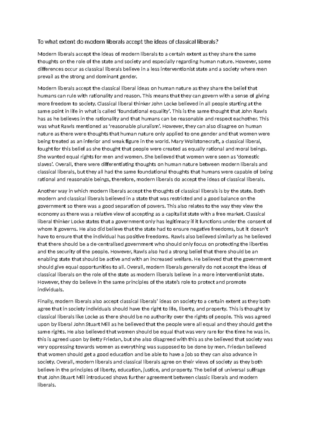 Essay politics - To what extent do modern liberals accept the ideas of ...