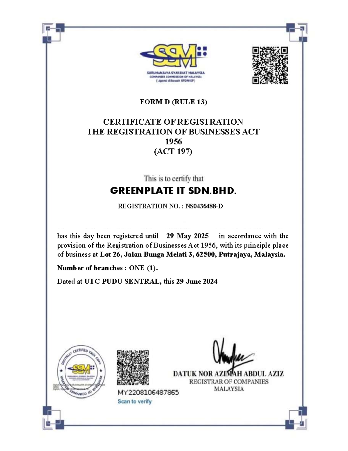 SSM Certificate - GREENPLATE IT SDN. REGISTRATION NO. : NS0436488-D ...