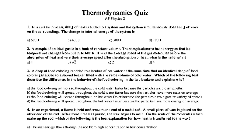 Thermodynamics Quiz AP Physics 2: Key Concepts and Questions - Studocu
