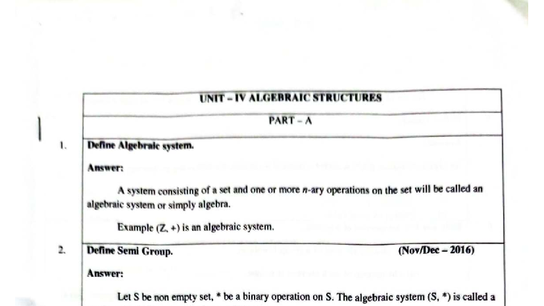 Unit IV Algebraic Structures: Questions & Answers - Studocu