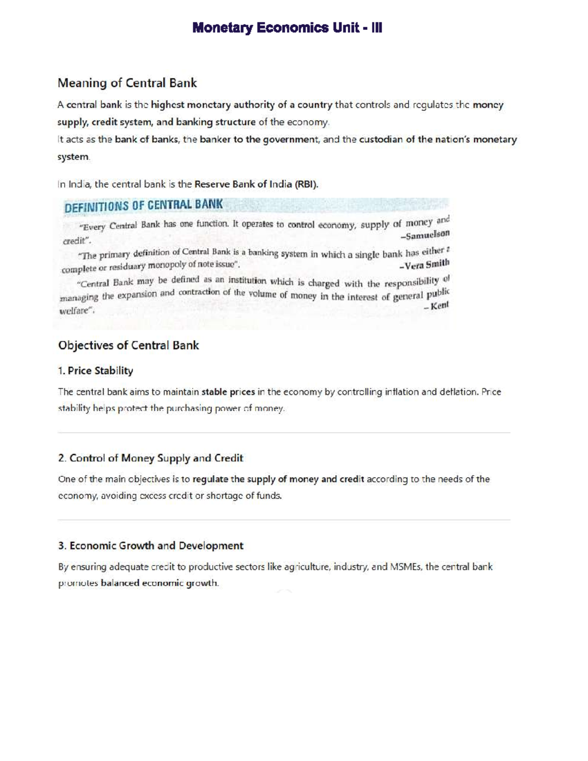 Monetary Economics Unit III: Understanding Central Bank Functions and ...