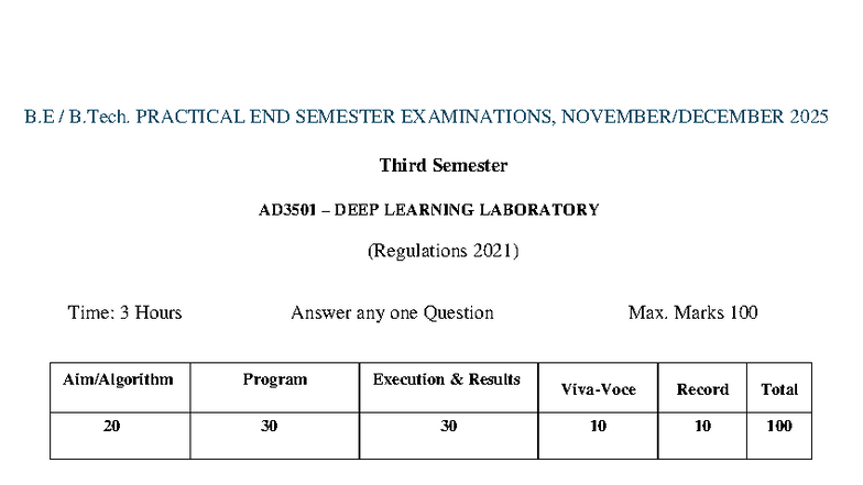 B.E B.Tech AD3501 Deep Learning Lab Practical Exam Notes 2025 - Studocu