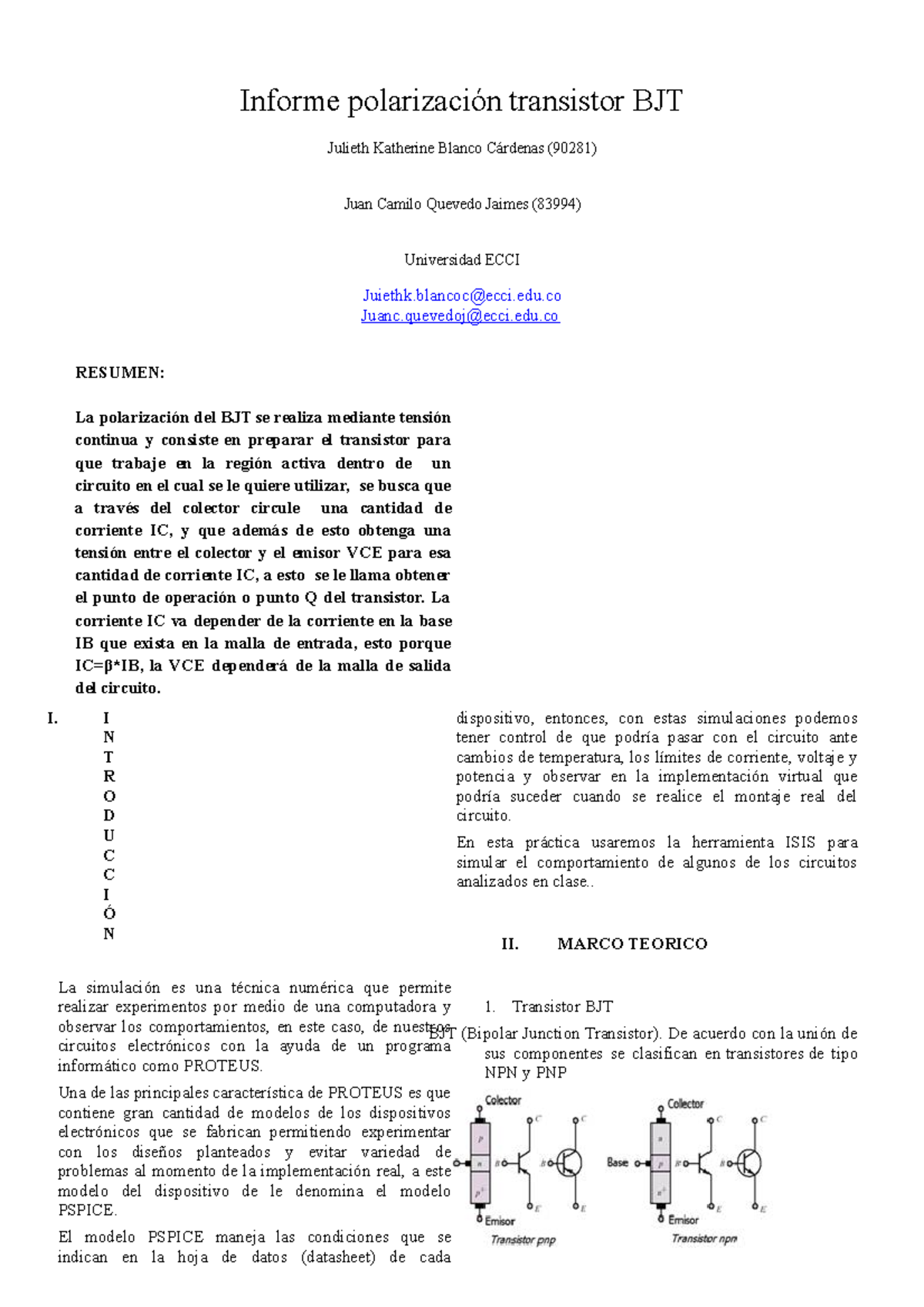 Informe electronica 1 - Informe polarización transistor BJT Julieth ...