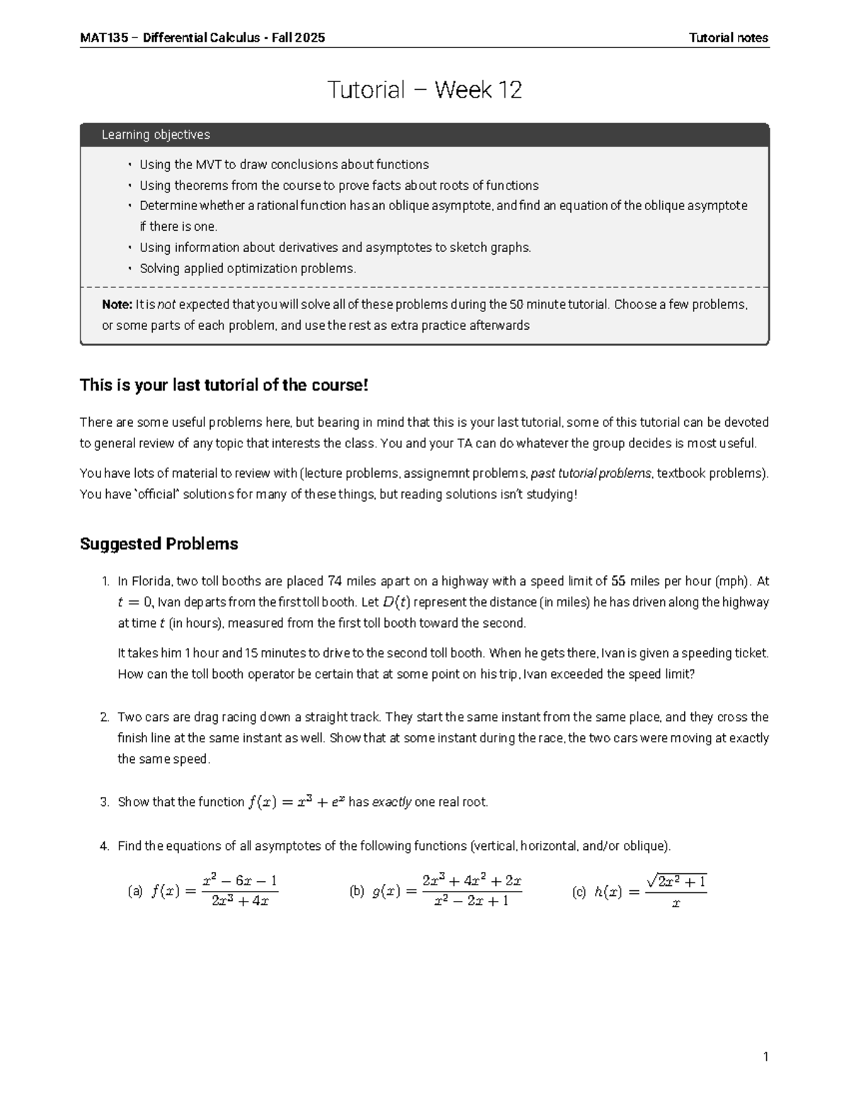 MAT135 Differential Calculus Fall 2025 Tutorial Week 12 Notes - Studocu